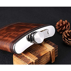 18 oz Crocodile Leather Pattern Large Capacity Brown Stainless Steel Whiskey Liquor Hip Flask with PU Leather Wrapped, TOX TANEAXON