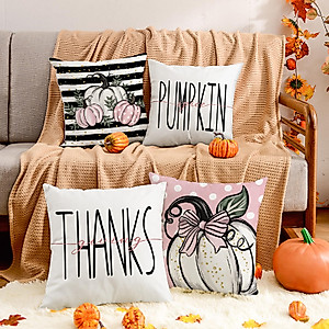 AnyDesign Fall Pillow Covers Gold Foil Pumpkin Throw Pillow Case Black Pink Autumn Decorative Cushion Cover for Harvest Farmhouse Thanksgiving Home Office Room Couch Sofa Decor, 18 x 18 Inch, 4Pcs