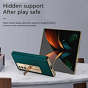 EAXER Compatible with Samsung Galaxy Z Fold 3 5G Case Metal Stand Front with Tempered Glass Cover Luxury Leather Hybrid Plating PC with Kickstand Cover Shockproof Protective Fold Case (Black)