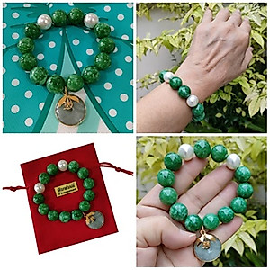 Heavens Tvcz Natural Green Jade Round 14 mm Gems Healing Energy Real Bracelet Bangle for Women Charms with Pendant Jade Coin Donut Money Powerful Thai Prosperity Success, Elastic Rope Inner Lenth