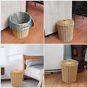 Cabilock 28 * 33.5 Woven Trash Can: Rattan Wastebasket with Lid Bedroom Trash Can Office Garbage Cans Wicker Basket Clothes Hamper Decorative Countertop Basket Straw