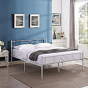 VECELO 14" Full Size White Metal Platform Bed Frame with Headboard,Premium Steel Slat Support/No Box Spring Needed/Noise-Free/Easy Assembly