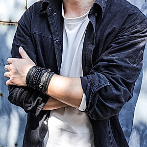 Mafnee Manfnee 6PCS Braided PU Leather Bracelet Punk Rock Cuff Wrap Bracelets for Men Women Adjustable Black