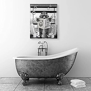 Funny Bears Canvas Wall Art Black and White Pictures Farmhouse Bathroom Wall Decor Bear Sitting in Toilet Reading Newspaper Painting for Toilet Bathroom Animals Artwork Framed 12"x16"