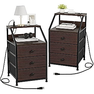 REAHOME Nightstand Set of 2, Brown Night Stands with Charging Station, Bedside Tables with 3 Fabric Drawers and 2-Tier Storage Shelves, Modern Side Table for Bedroom Living Room-Rustic Brown