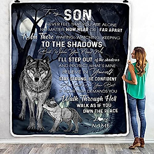 CenturyTee personalize to My Son from Mom Blanket Never Feel You are Alone Wolf Moon Night Dark Forest Family Love Son Birthday Christmas custom Fleece Blanket (60x80in - Adult Size),Multicolour,170