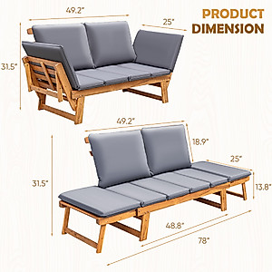Greesum Patio Convertible Couch Sofa Bed with Adjustable Armrest, Acacia Wood Outdoor Daybed with Cushion & Pillow, Folding Chaise Lounge Bench for Porch Courtyard Poolside，Gray