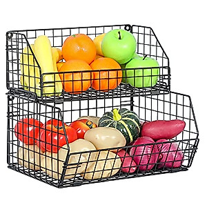 Fruit Vegetable Basket 2-Tier Wall-mounted Wire Storage Baskets Countertop Detachable Stackable Bin Kitchen Organizer Pantry Basket for Snack Canned Foods Potato Onion Storage Cabinet