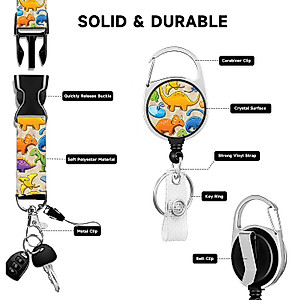 BUDUOZHI ID Badge Holder with Lanyard and Retractable Badge Reel Clip, Cartoon Dinosaur Breakaway Lanyard Name Card Vertical ID Protector, ID Card Holder Keychain Name Badge Clip for Women Men