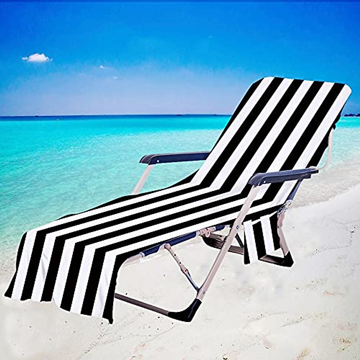 Beach Chair Cover Microfiber Chaise Lounges Chair Towel Cover Stripe Lounges Chair Covers with Side Pockets for Sun Lounger Pool Sunbathing Garden Beach Hotel