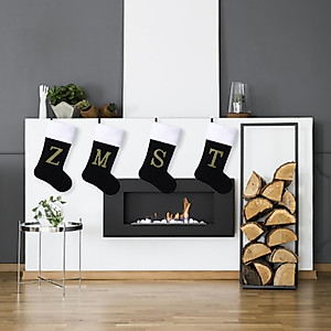 Yehnois 20 Inches Initial Monogram Christmas Stocking Personalized,Deluxe Black Velvet Body with Super Soft Plush Cuff Embroidered Letter,Holiday Season Decor（E）