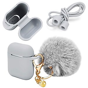 Earphone Silicone Case Cover Skin with Fur Ball Key Chain and Locking Carabiner Compatible with AirPods Charing Case - Hang Case Cover with Anti-Lost Strap as Headphone Accessories (Gray)