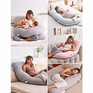 Momcozy Pregnancy Pillows for Sleeping, U Shaped Full Body Pillow for Pregnancy Women with Removable Jersey Cotton Cover, 57 Inch Maternity Pillow, Grey