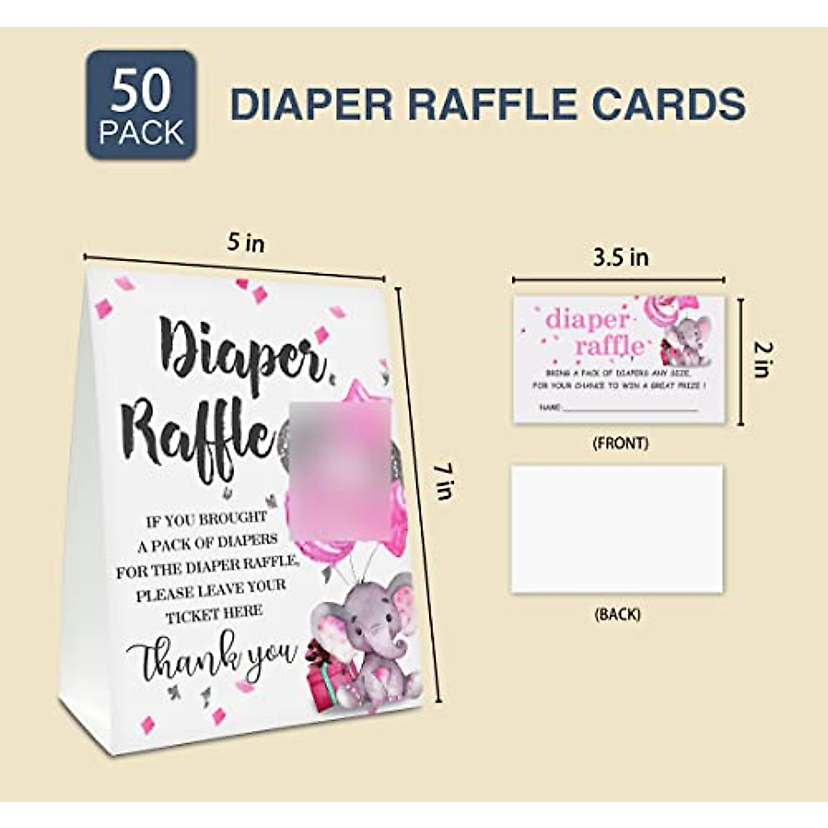Yuansail Diaper Raffle Tickets For Shower, Pink Elephant Themed Cards, Party Favors For Showers Game Cards, 1 Sign & 50 Cards Per Pack – (bb007-niaobu)