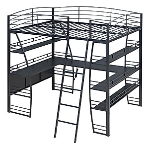 Full Size Metal Loft Bed with Desk and Bookcase, Modern Style Heavy-Duty Steel Frame Bunk Bed with Sockets, USB Ports and Wireless Charging (Full, Black)