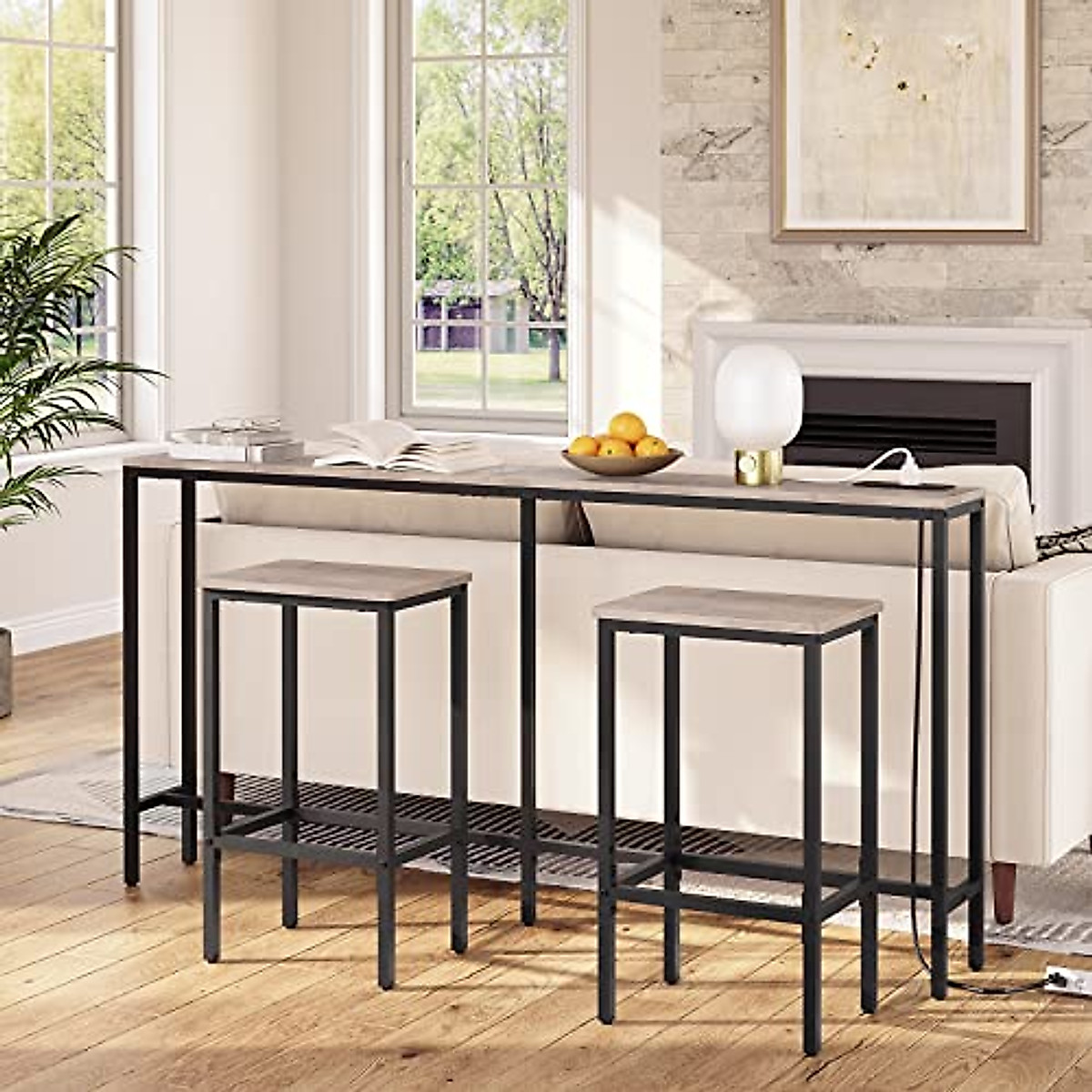 ALLOSWELL Console Table with Power Outlet, 63" Narrow Sofa Table and Bar Stools Set, Rectangular Industrial Bar Chairs, CTHG16E01-BAHG0101