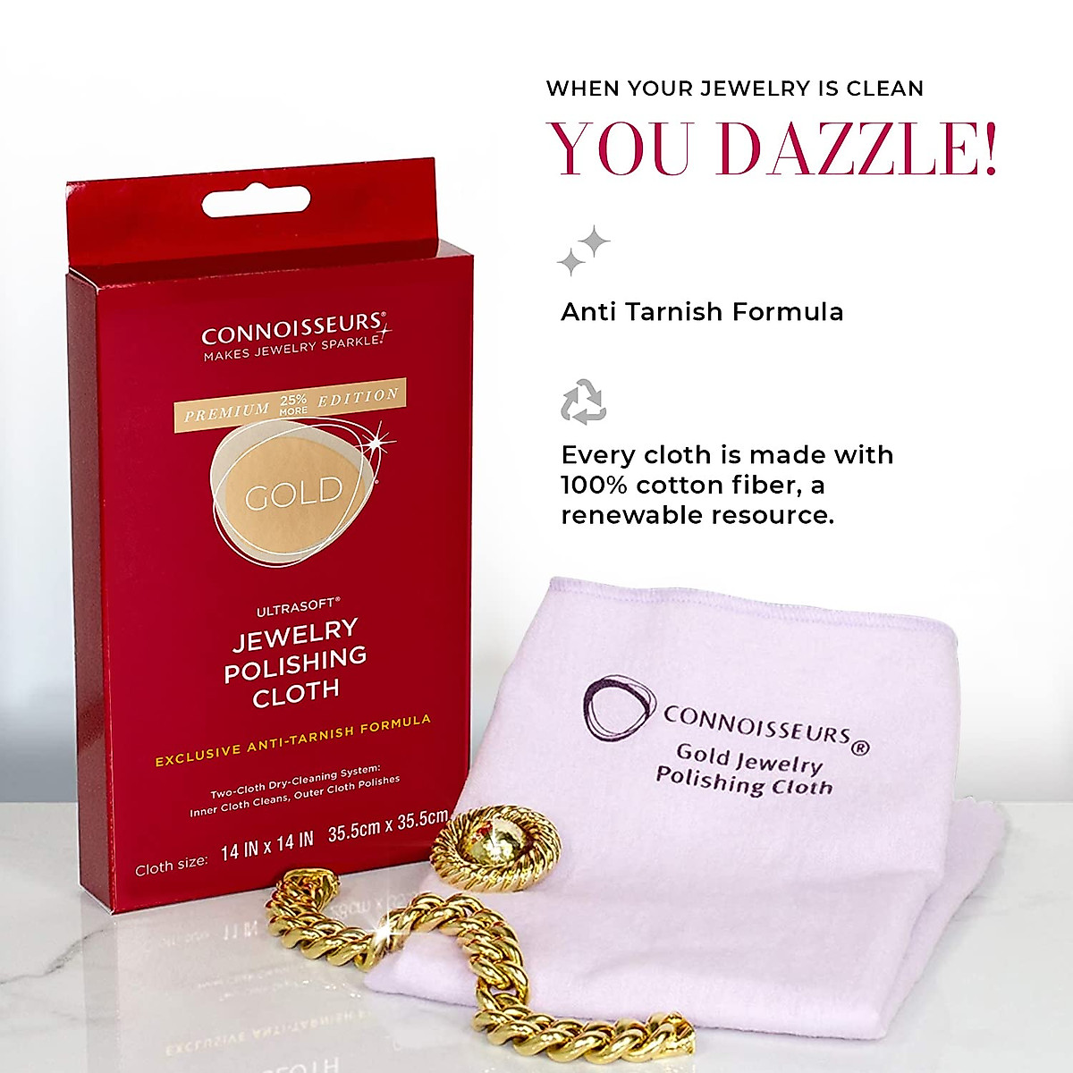 CONNOISSEURS Premium Edition Ultrasoft Gold Polishing Cloth with Anti-Tarnish, Large Value Size 14x14 Inches