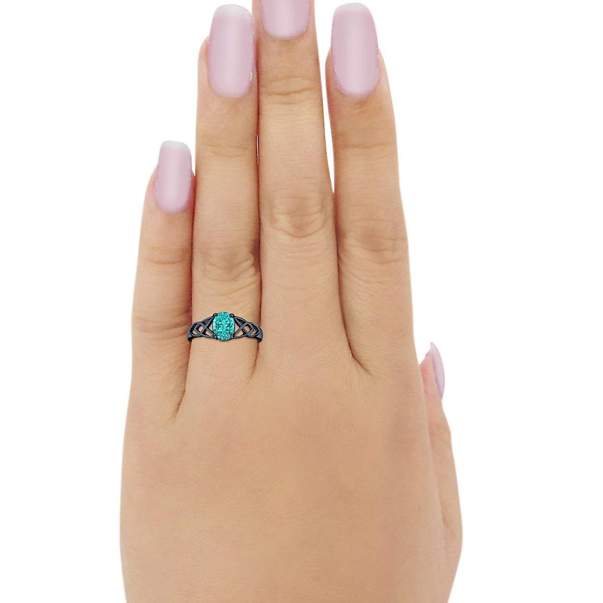 Paraiba Tourmaline CZ Black Tone Size-10 Art Deco Ring 8mm Oval CZ Split Shank Twisted Trinity Ring Solitaire Statement Wedding Engagement Rings For Women 925 Sterling Silver Gifts For Her