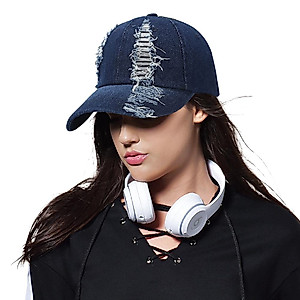 XYIYI Denim Dark Blue Vintage Washed Distressed Baseball Cap Adjustable Cotton Jean Dad Hat for Women Mens