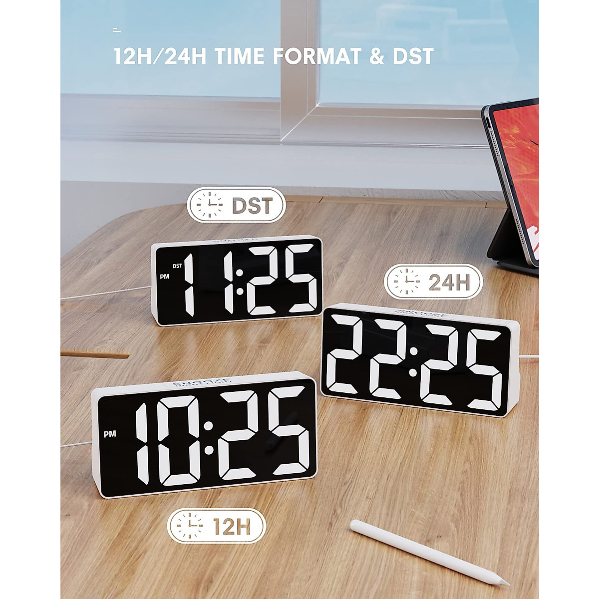 Mesqool Digital Alarm Clock for Bedroom, White, 7-Inch Screen, Adjustable Brightness, Loud Alarm, USB Charger, 12H/24H Time Format, Night Light, Dual Alarms, 18-Month Warranty