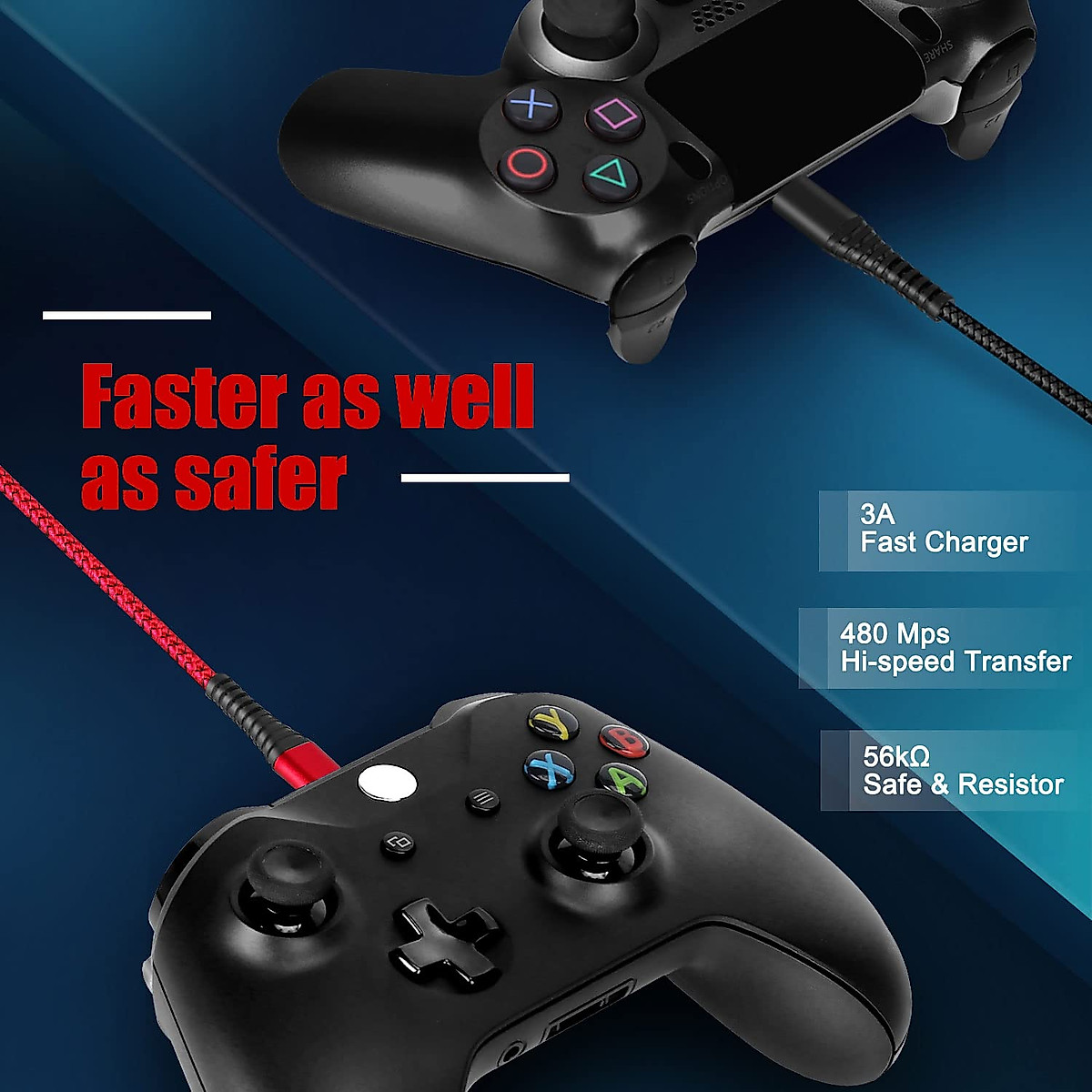 XUANMEIKE Charger Cable for Xbox One Controller, 2 Pack 10FT Super Long Nylon Charging Cable, Compatible with Xbox One S/X, PS4 Slim/Pro Controller, Android Phone (Black & Red)