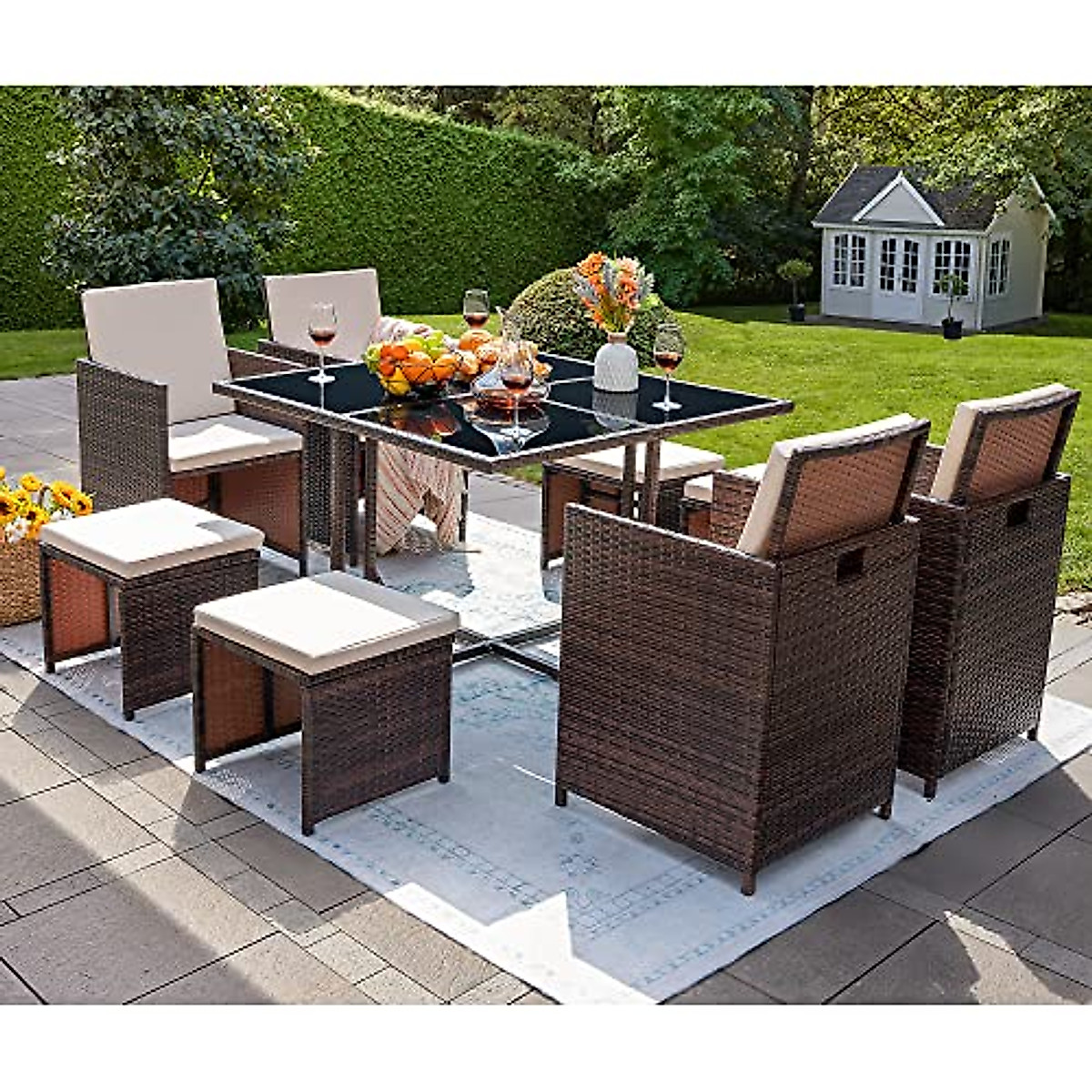 Devoko 9 Pieces Patio Dining Sets Outdoor Space Saving Rattan Chairs with Glass Table Patio Furniture Sets Cushioned Seating and Back Sectional Conversation Set (Beige)
