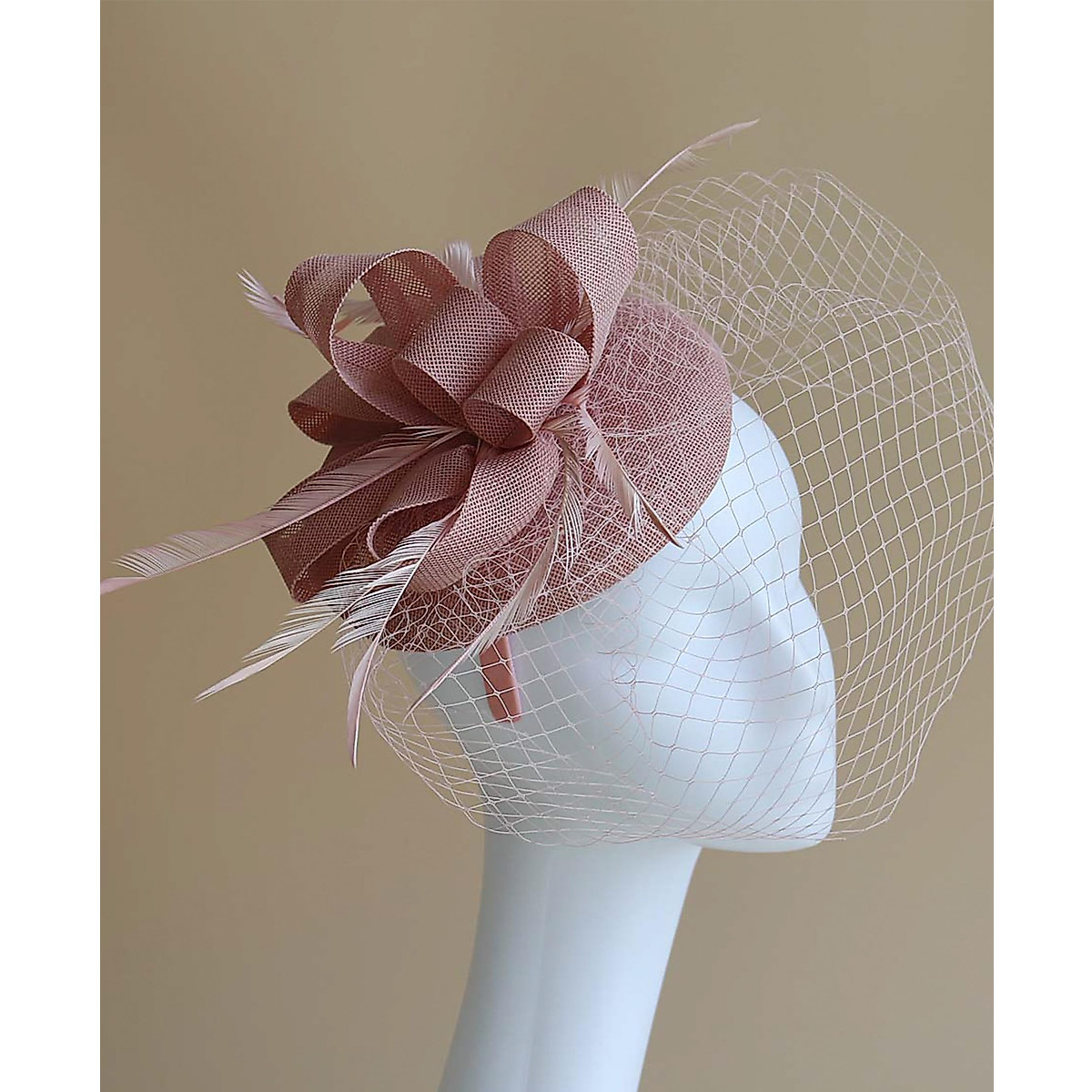Focupaja Fascinators Hats Women Pillbox Hat with Mesh Veil Feathers Derby Headband Wedding Headwear Tea Party Hair Clip 20s 50s Top Hat W4-38-Pink