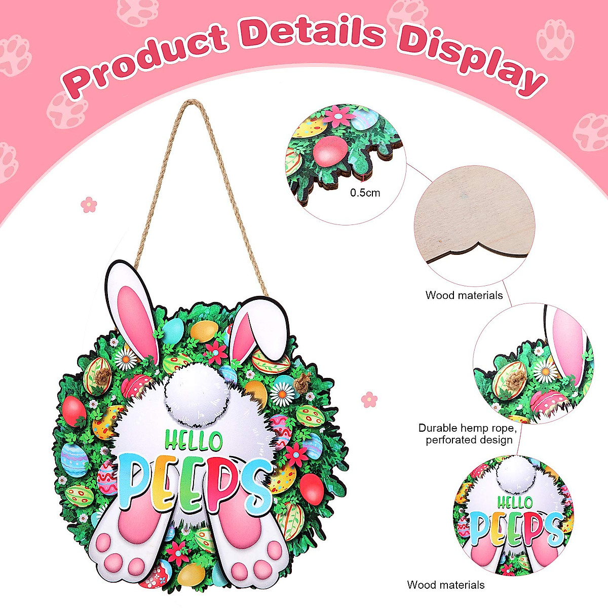 Jetec Happy Easter Wooden Hanging Sign Wreath Bunny Tail Door Sign Welcome Spring Wooden Plaque Wreath Rustic Wall Sign Yard Indoor Outdoor Garden Decoration with Rope, 10.5 x 9.5 Inch