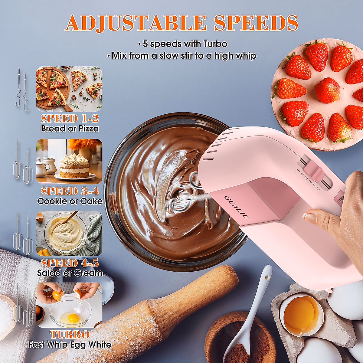 GUALIU 450W Electric Hand Mixer, 5-Speed Electric Mixer Food Mixer with 304 Stainless Steel Whisk Beaters, Dough Hooks & Storage Bag, Cake Mixer Handheld Mixer for Baking & Cooking, Turbo Boost/Pink