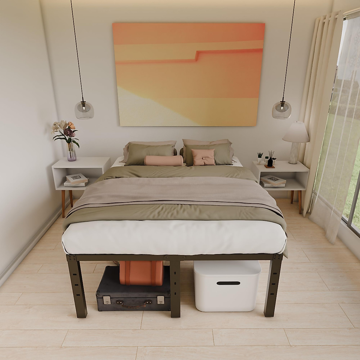 HOBINCHE 16 Inch California King Size Bed Frame - No Box Spring Needed Heavy Duty Black Metal Platform Mattress Foundation, Non-Slip Noise Free Easy Assembly Bedframes with Cleance Storage