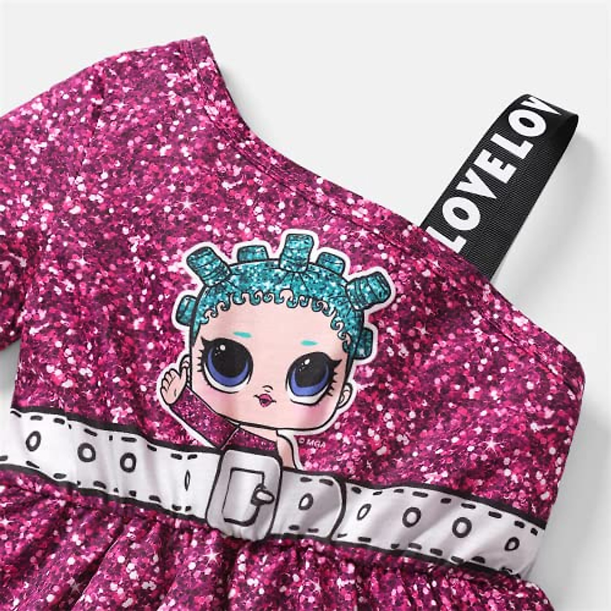 L.O.L. Surprise! Girls Tiered Dress Figure Print Layered One Shoulder Casual Dress Flowy Summer Dress Size 6-12 Deep Magenta 7-8 Years