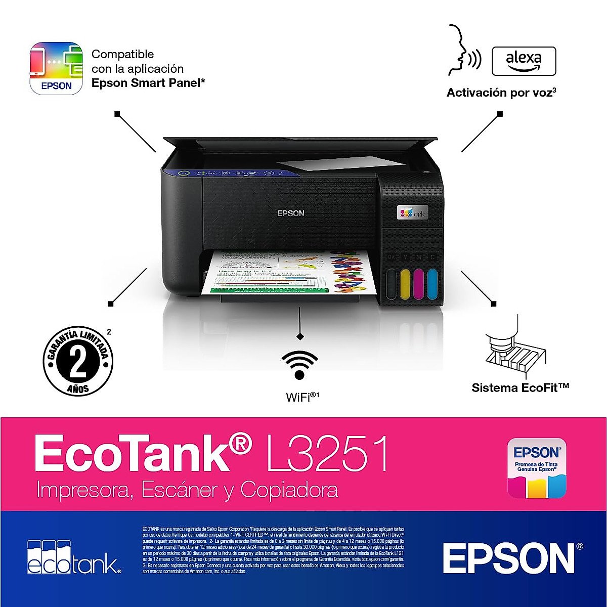 Epson EcoTank ET Series Wireless Color Inkjet All-in-One Supertank Printer, Borderless Photo Printing, Print Scan Copy, Voice Activated - 10.5 ppm, Ethernet, White