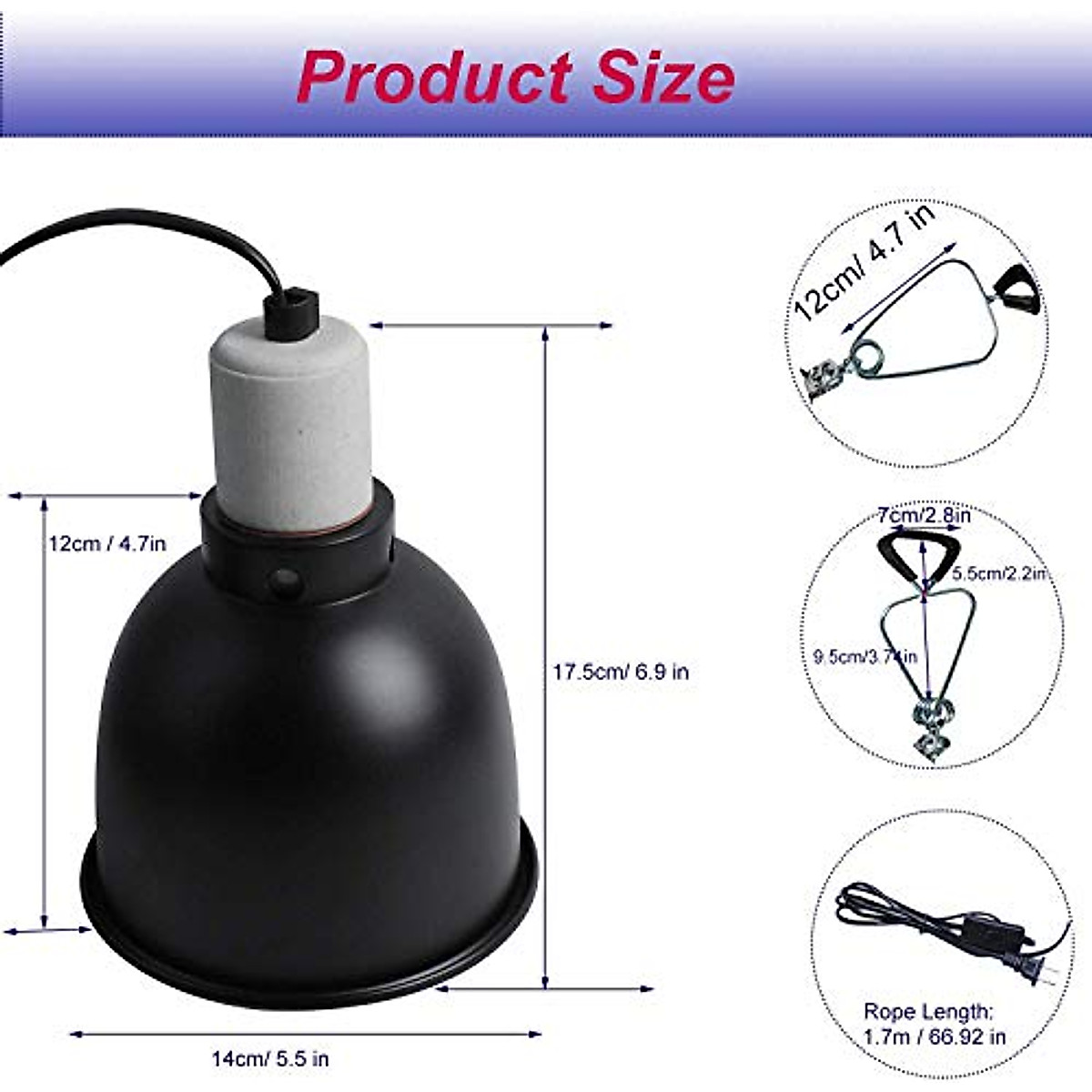 Reptile Heating Lamp, UVA UVB Lighting Lamp with Anti-hot Cage Light Holder for Reptiles, Lizards, Turtle, Snakes, Aquarium(Included 2 Heat Bulbs, 110V, 25W)