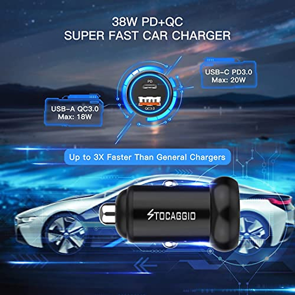 USB C Car Charger Adapter - Portable All-Metal Stocaggio 38W Fast Car Charger Compatible with iPhone 14/13/12/Pro/Max, Galaxy S21/20/10/9, iPad Air 2/Mini 3, Quick Charge 3.0 Dual Ports - Black