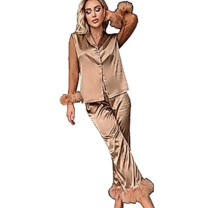WDIRARA Women's Satin Fuzzy Trim Mesh Long Sleeve Button Down Pajamas Pants Set Sleepwear Mocha Brown S