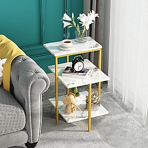 Lamerge Small End Table,3-Tier Gold Side Table,Rectangle Bedside Tables/Nightstand,Marble Coffee Table Corner Table w/Metal Frame,Small Table for Bedroom, Small Spaces,White+Gold