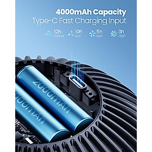 Gaiatop Clip on Fan Battery Operated, 4000mAh Auto Oscillating Portable USB Fan with Light & Hook, 4 Speed Personal Mini Desk Fan Rechargeable Table Fan for Home Office Stroller Black