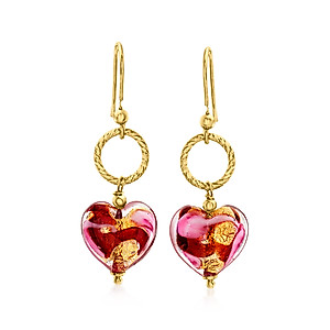 Ross-Simons Italian Red and Pink Murano Glass Heart Drop Earrings in 18kt Gold Over Sterling