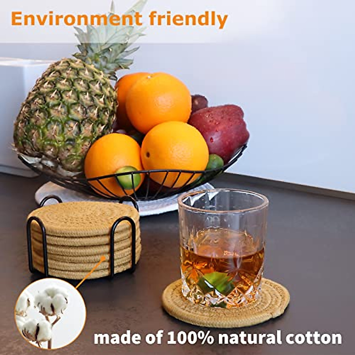 Coomin Coasters with Holder, 8pcs Absorbent Coasters for Drinks, Cotton Woven Farmhouse Coasters for Coffee Table, Suitable for Home Decor, Housewarming Gifts and Kinds of Cups