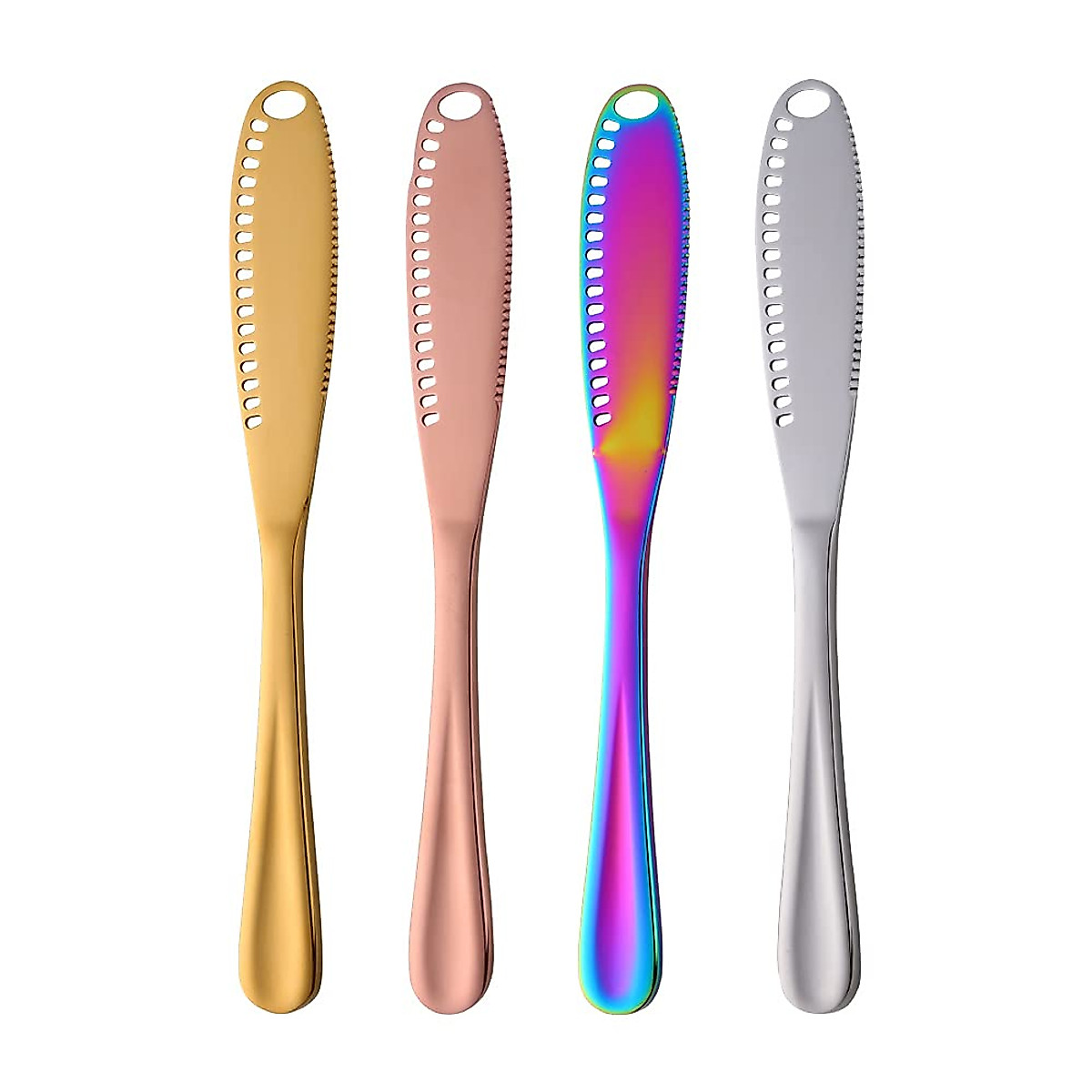 MINGYU Stainless Steel Butter Knives Colorful Peanut Butter Knife, Multifunction 3 in 1 Butter Spreader Knife With Holes Set of 4