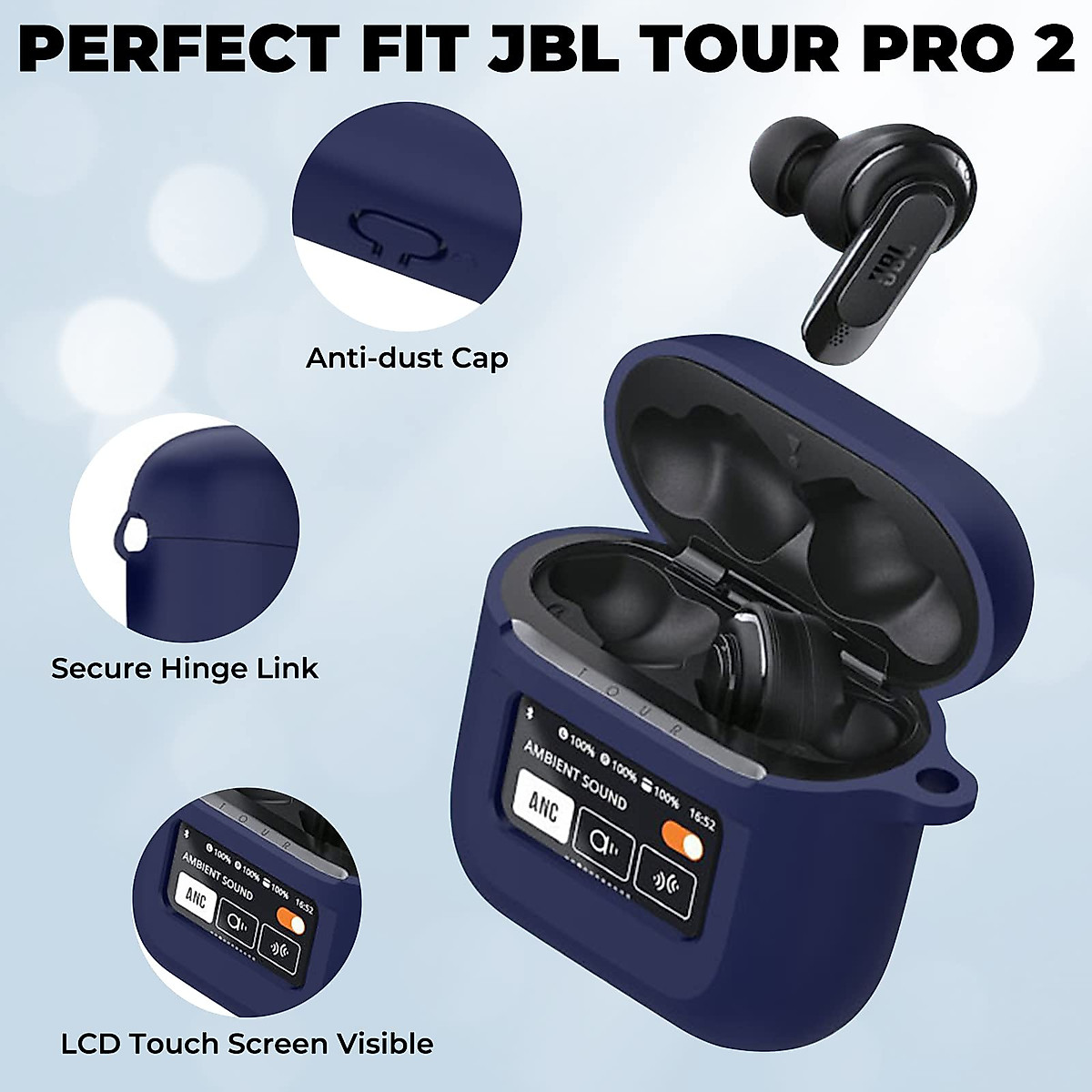 LDSXAY Case Cover for JBL Tour Pro 2, Dark Blue Silicone Protective Shockproof Earbuds Case with Keychain, 2023 Compatible, LCD Touch Screen Visible, Waterproof