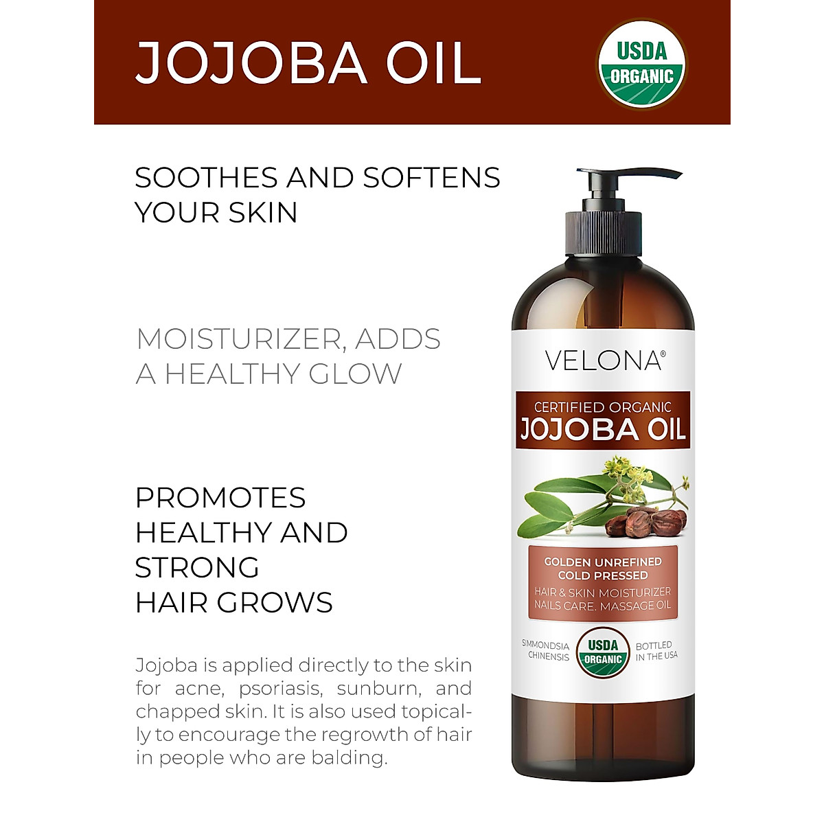 velona Jojoba Oil USDA Certified Organic - 16 fl oz (With Pump) | 100% Pure and Natural | Golden, Unrefined, Cold Pressed, Hexane Free