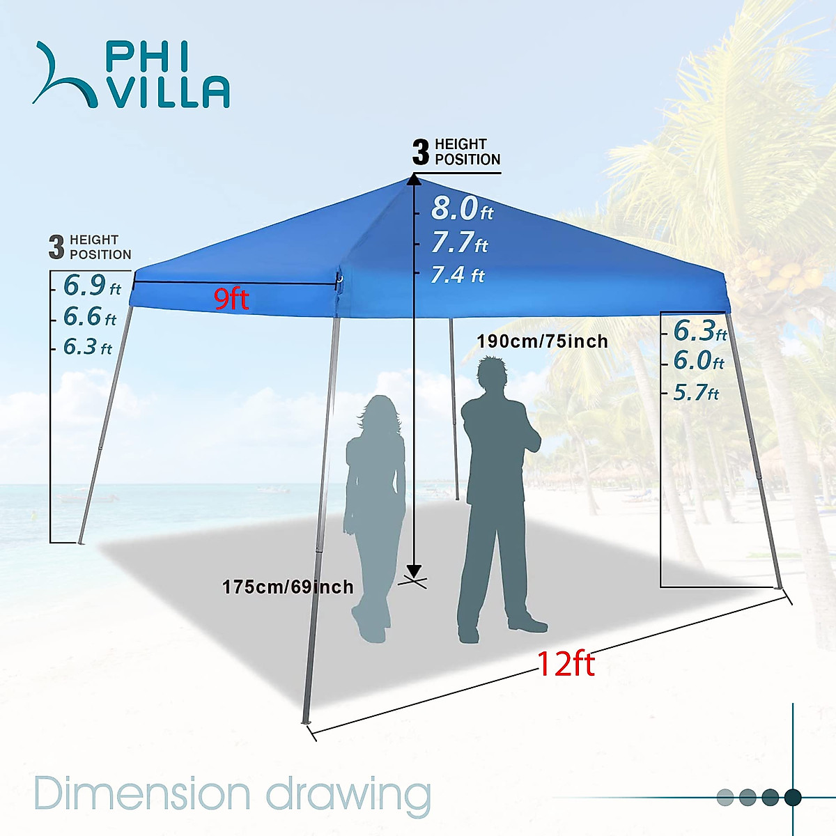 PHI VILLA 12'x12' Slant Leg UV Block Sun Shade Canopy with Hardware Kits, Shade for Patio Outdoor Garden Events, Blue
