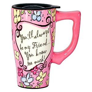 Spoontiques Friend Ceramic Travel Mug, 18 oz, Pink