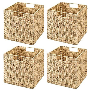 mDesign Natural Woven Hyacinth Cube Bin Basket Organizer with Handles, Storage for Bedroom, Home Office, Bathroom, Shelf and Cubby Organization, Hold Blankets, Magazines, Books, 4 Pack, Natural/Tan