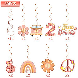 30 Pcs Two Groovy Party Hanging Swirls Decorations, Groovy Birthday Theme Ceiling Foil Swirls Party Supplies for 2 Year Old Girl Retro Hippie Boho Party Decor