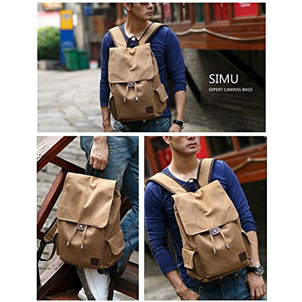 Yookeyo Canvas Flap Drawstring Backpack School Bag Travel Bag for Middle School