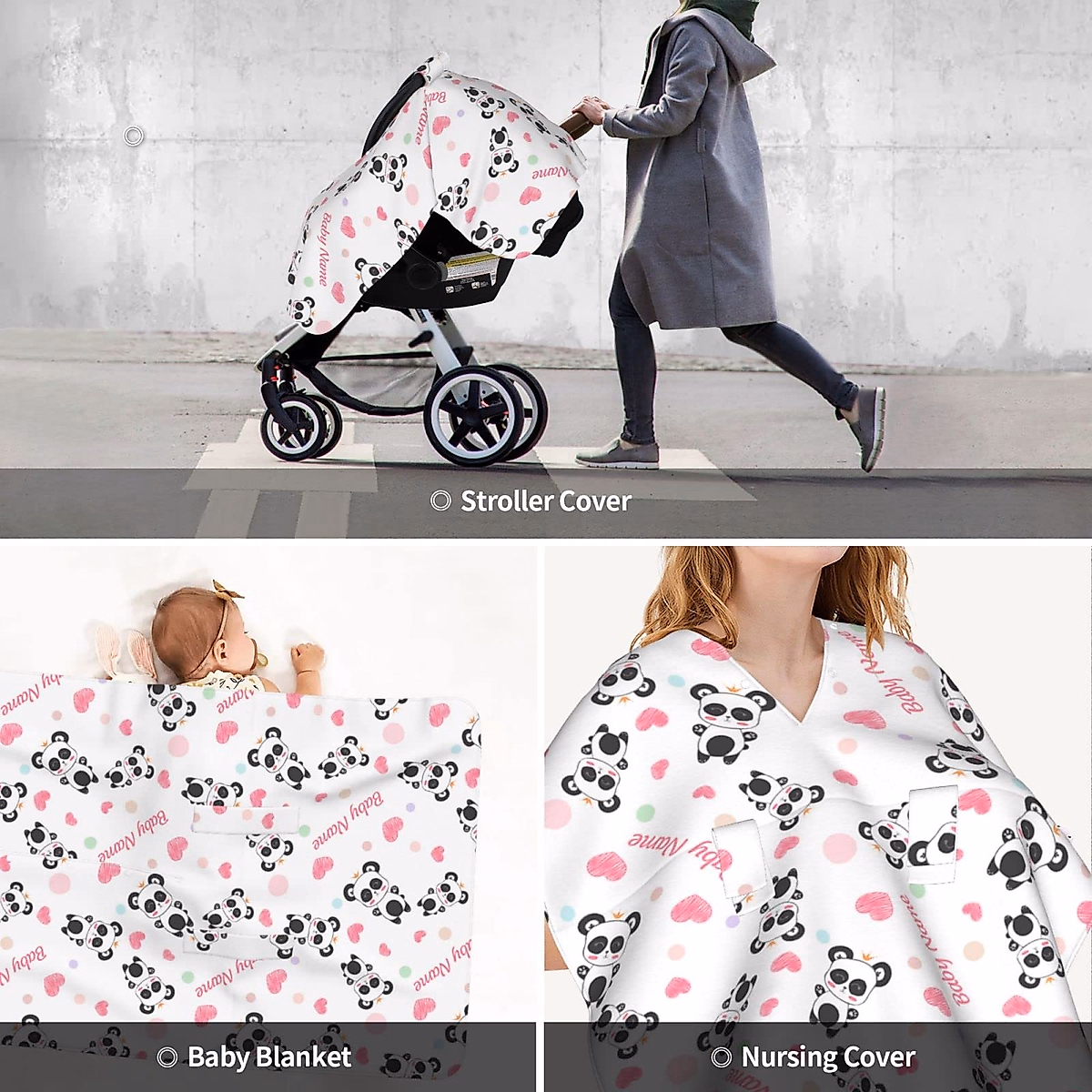 Personalized Cute Panda Pink Baby Car Seat Canopy for Babies with Name, Customized Stroller Car Seat Covers for Girls, Minky Nursing Carseat Cover for Breastfeeding, Car Seat Canopies for Newborn