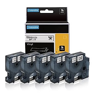 Wonfoucs Compatible Label Tape Replacement for DYMO 18445 Rhino Industrial 3/4" Permanent Vinyl Label Tape Work with DYMO Rhino 4200 5000 5200 6000 Label Maker, Black on White, 19mm x 5.5m, 5-Pack