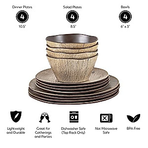 Melamine Dinnerware Sets - 12 pcs Melamine Plates Outdoor Plates Summer Plates and Bowls Sets Melamine Plates Ideal Camping Dish Set Dinnerware Set for 4 Dishwasher Safe (Wood Grain)